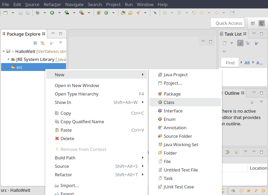 Hallo Welt programmieren, compilieren und ausführen in der Konsole: Klasse erstellen